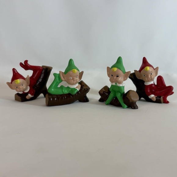 Holiday | Vintage Mcm Hand Painted Ceramic Elf Pixie On Logs Figurines ...